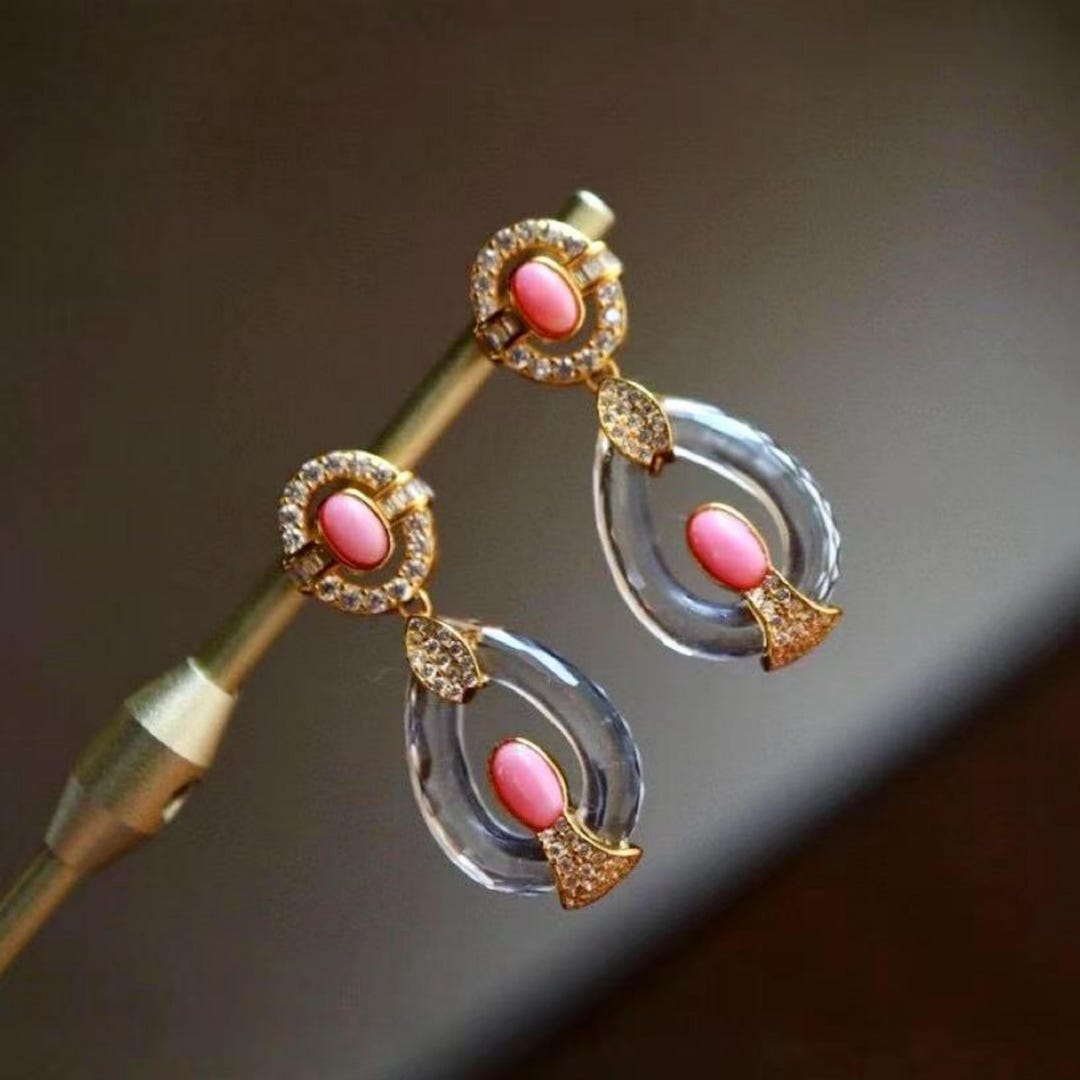 Natural Pink Queen Conch Shell With Quartz Earrings Silver/unique Clear ...