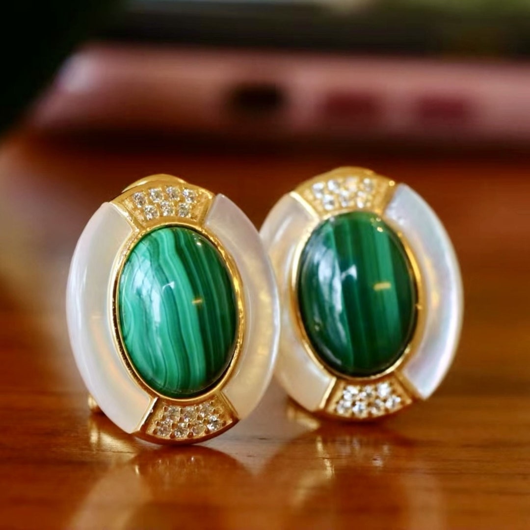 Natural Malachite Studs Earrings With Silvermalachite Jewelrystatement Green Studs ...