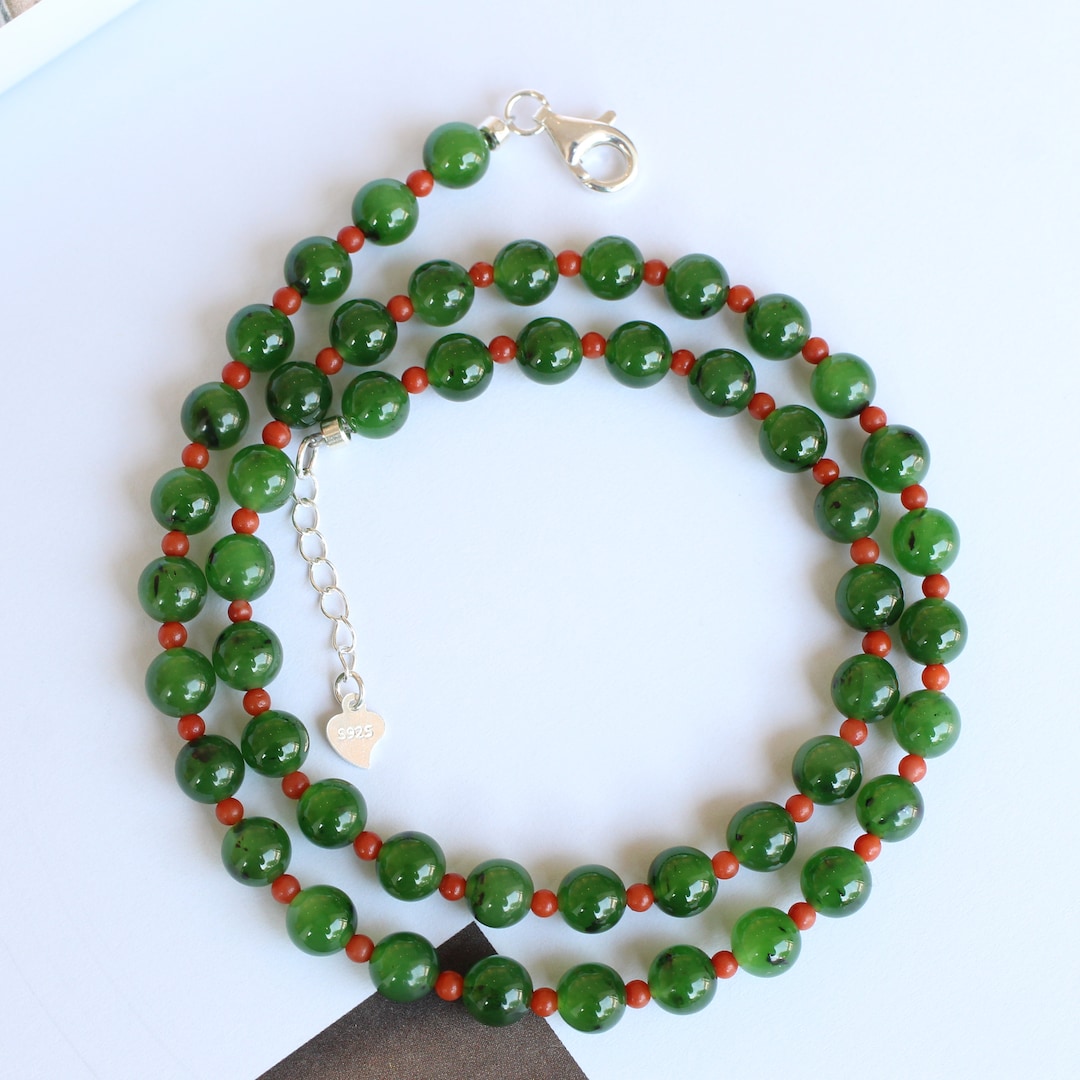 Real Vivid Green Jade Bead Necklace|high Quality Jade With Red Agate ...
