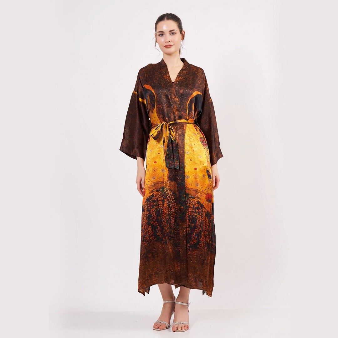 100 % Silk Kimono Robe Gustav Klimt the Kiss Chic and Cozy: Long Kimono ...