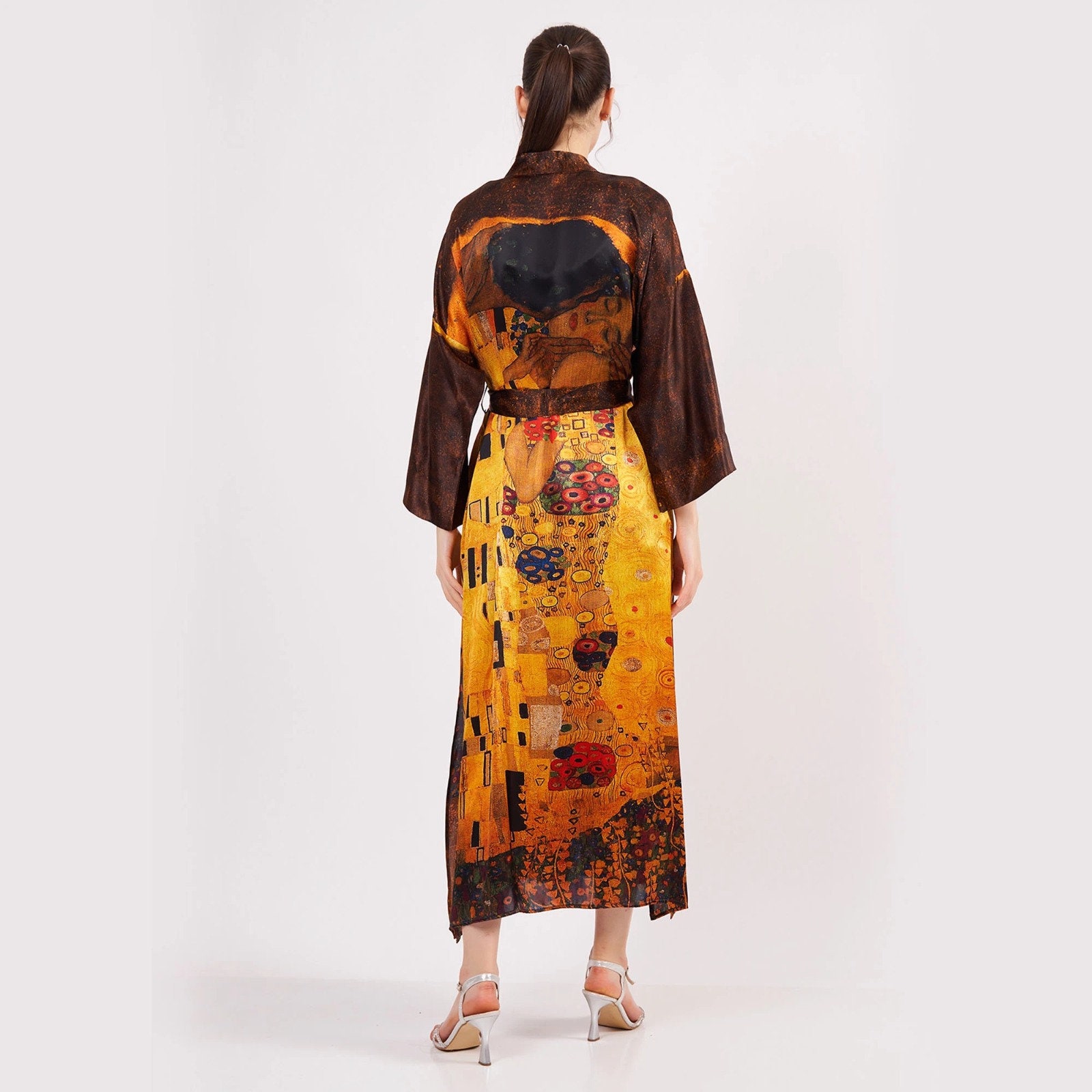100 % Silk Kimono Robe Gustav Klimt the Kiss Chic and Cozy: Long Kimono ...