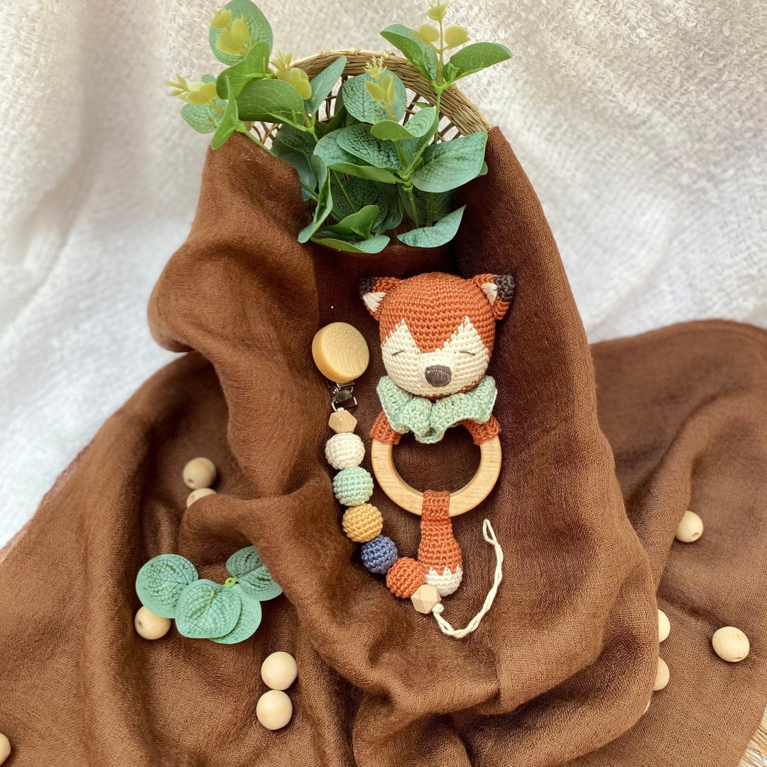 New Baby Gift Set, Crochet Wooden Fox Baby Rattle, Handmade Crochet ...