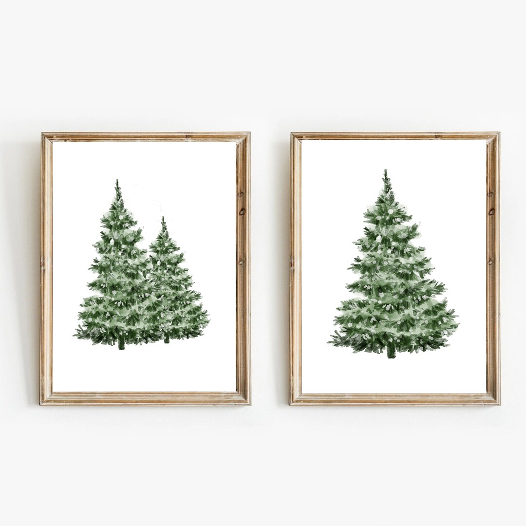 Set of 2 Winter Trees Printables, Snowy Tree Print Wall Art, Vintage ...