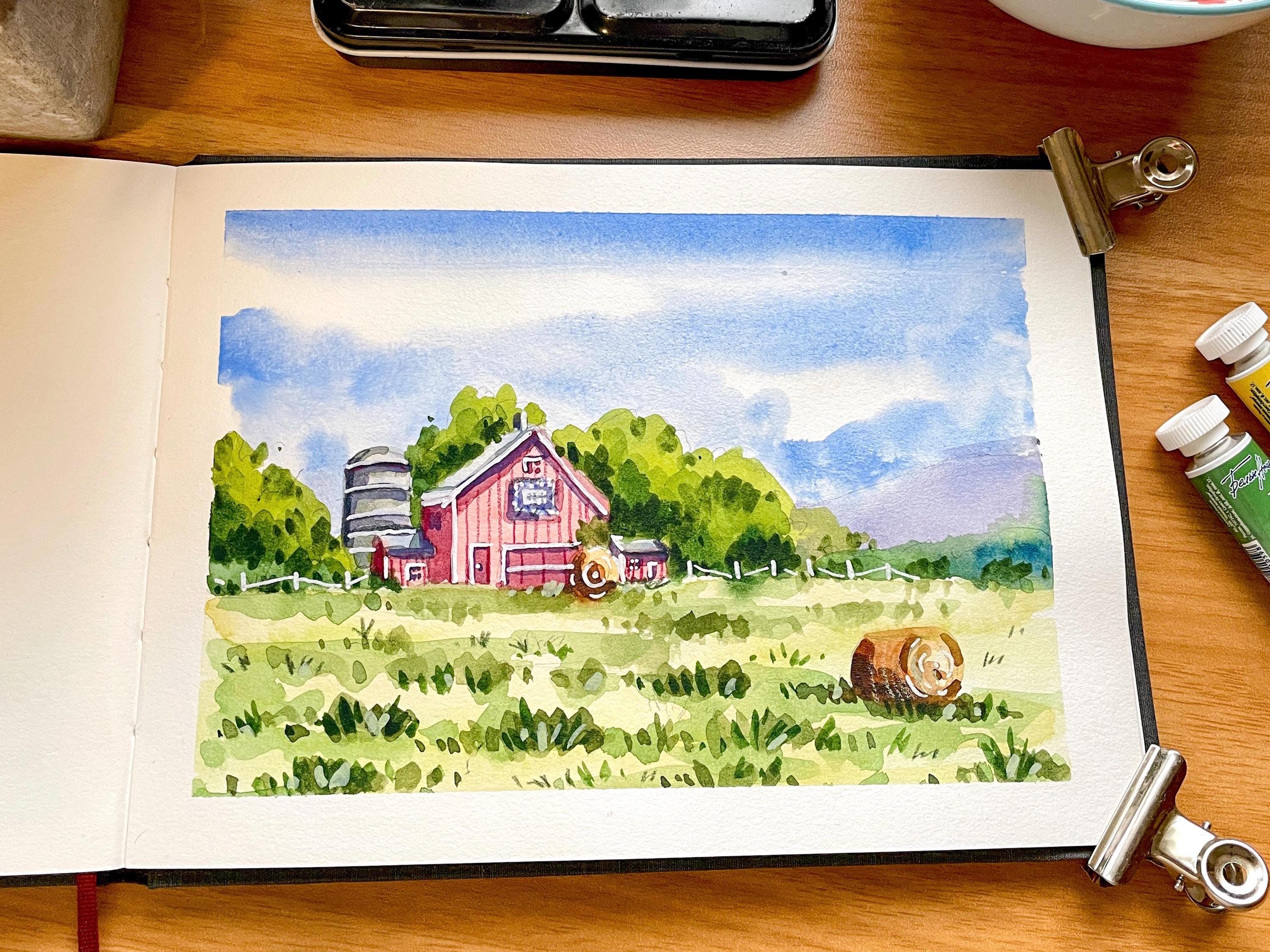 Watercolor Farm Painting Tutorial, Rural Landscape, Rustic Step by Step ...