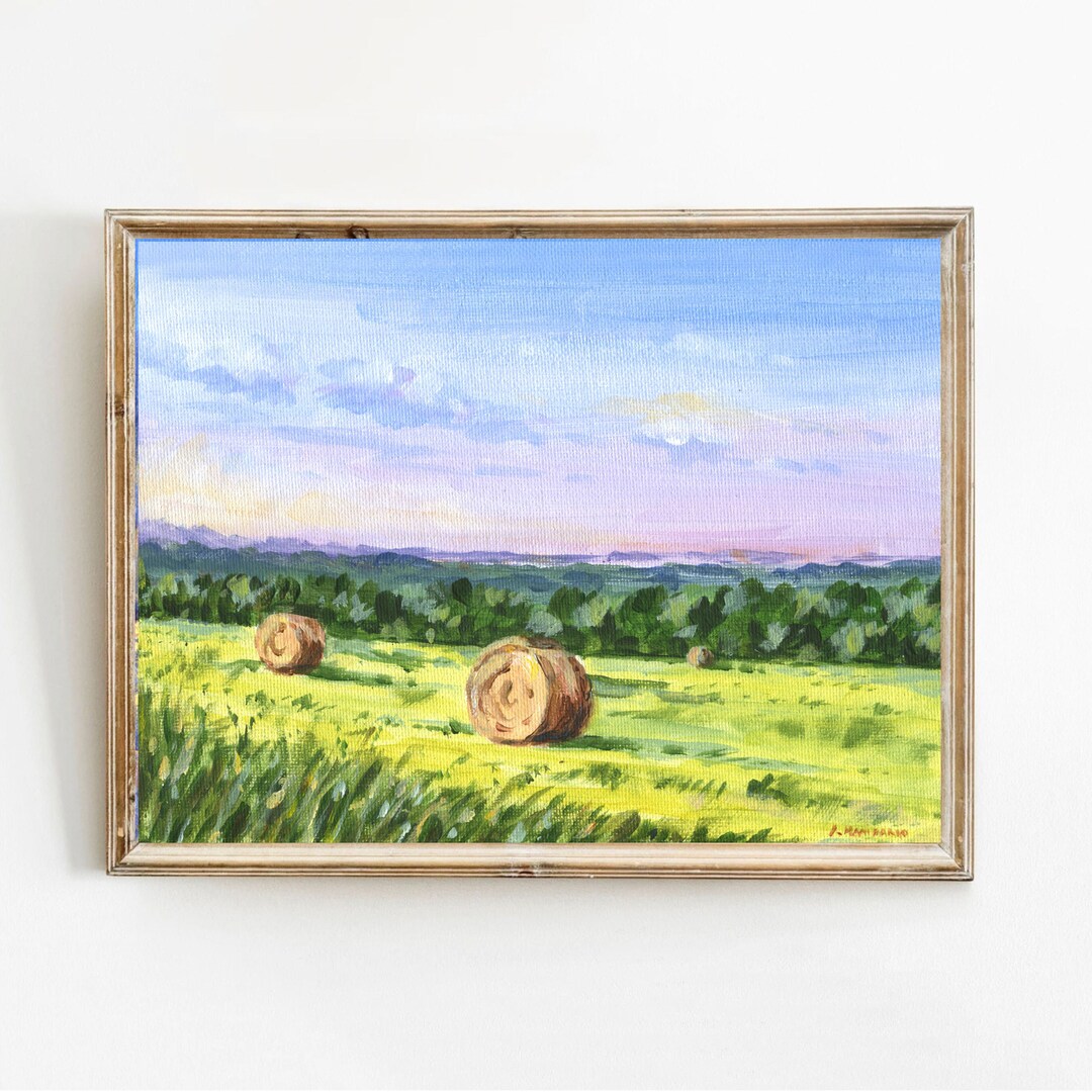 Hay Bales Oil Acrylic Landscape PRINTABLE, Rural Harvest Landscape, Bay ...