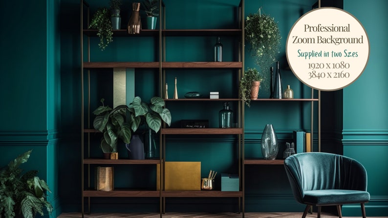 Zoom Background Office Teal Walnut Shelves Plants Zoom Virtual ...