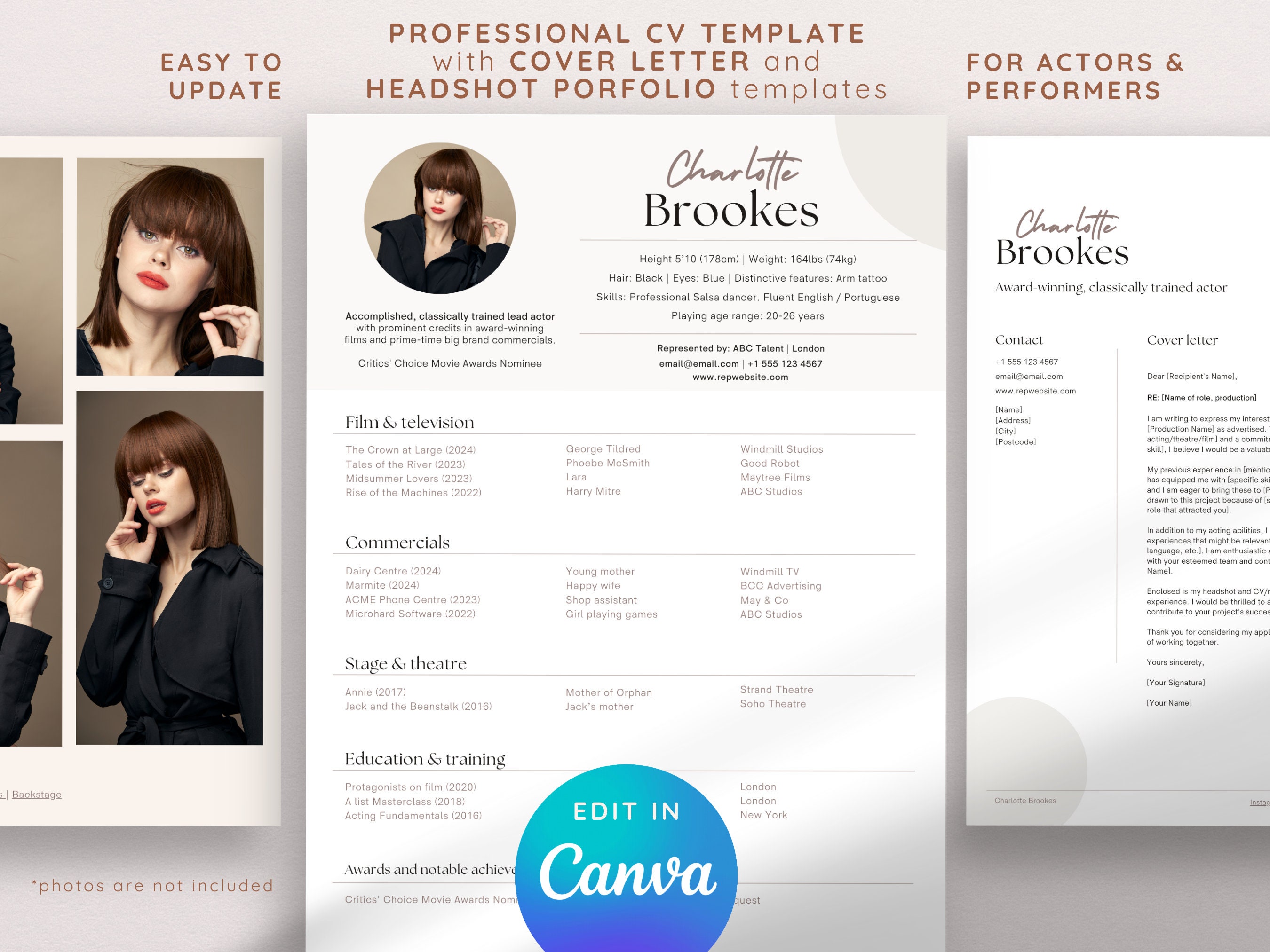 CV Template for Actor Cv Professional CV Acting Resume Template With Photo Theatre Performer Job ...