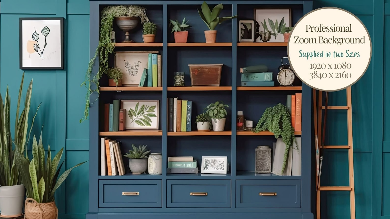 Zoom Background Home Office Teal Walnut Shelves Plants Zoom Virtual ...