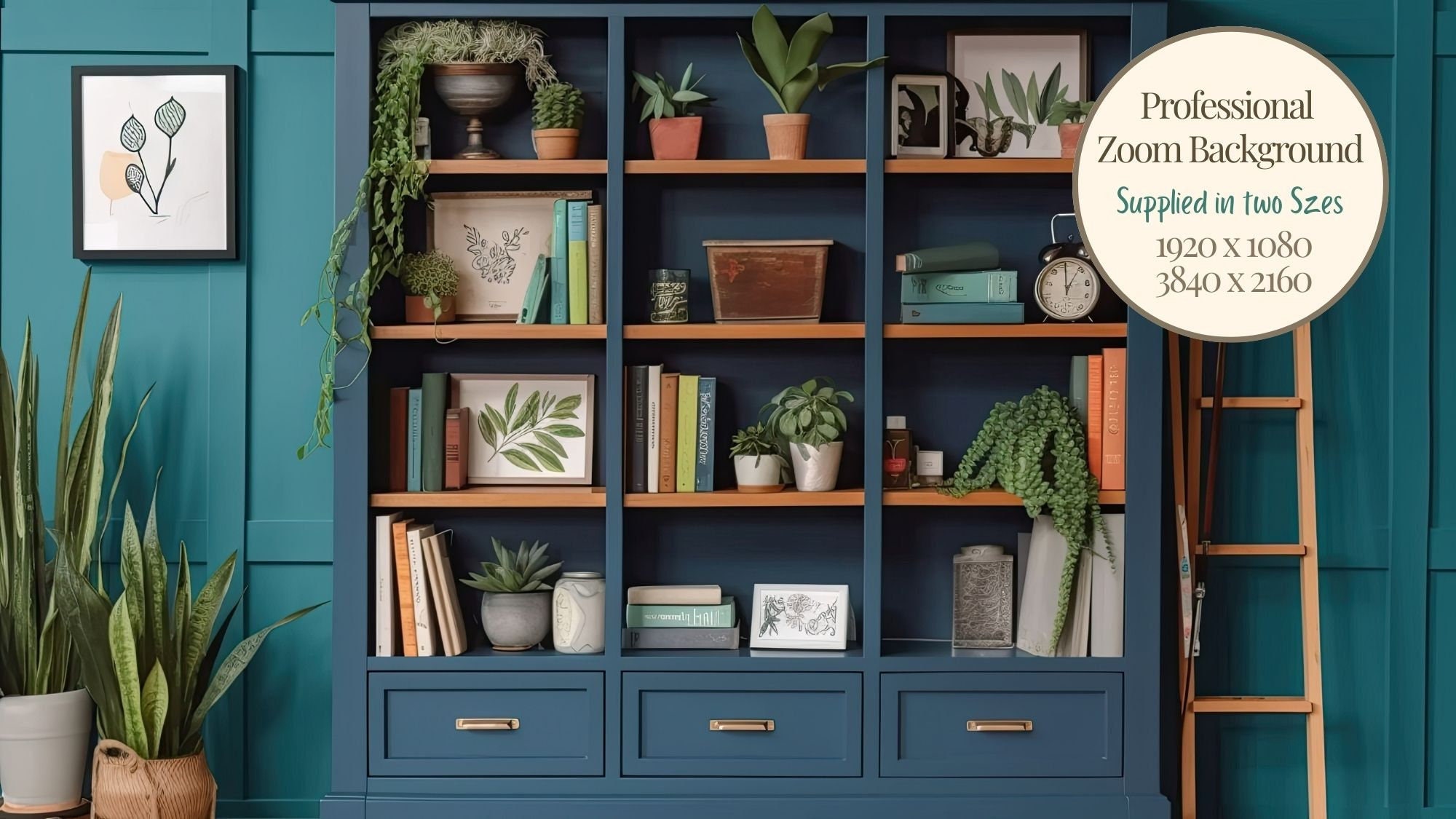 Zoom Background Home Office Teal Walnut Shelves Plants Zoom Virtual ...