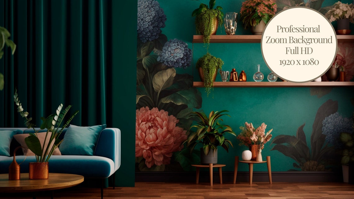 Teal Walnut Office Zoom Background With Shelves Virtual Background Zoom ...