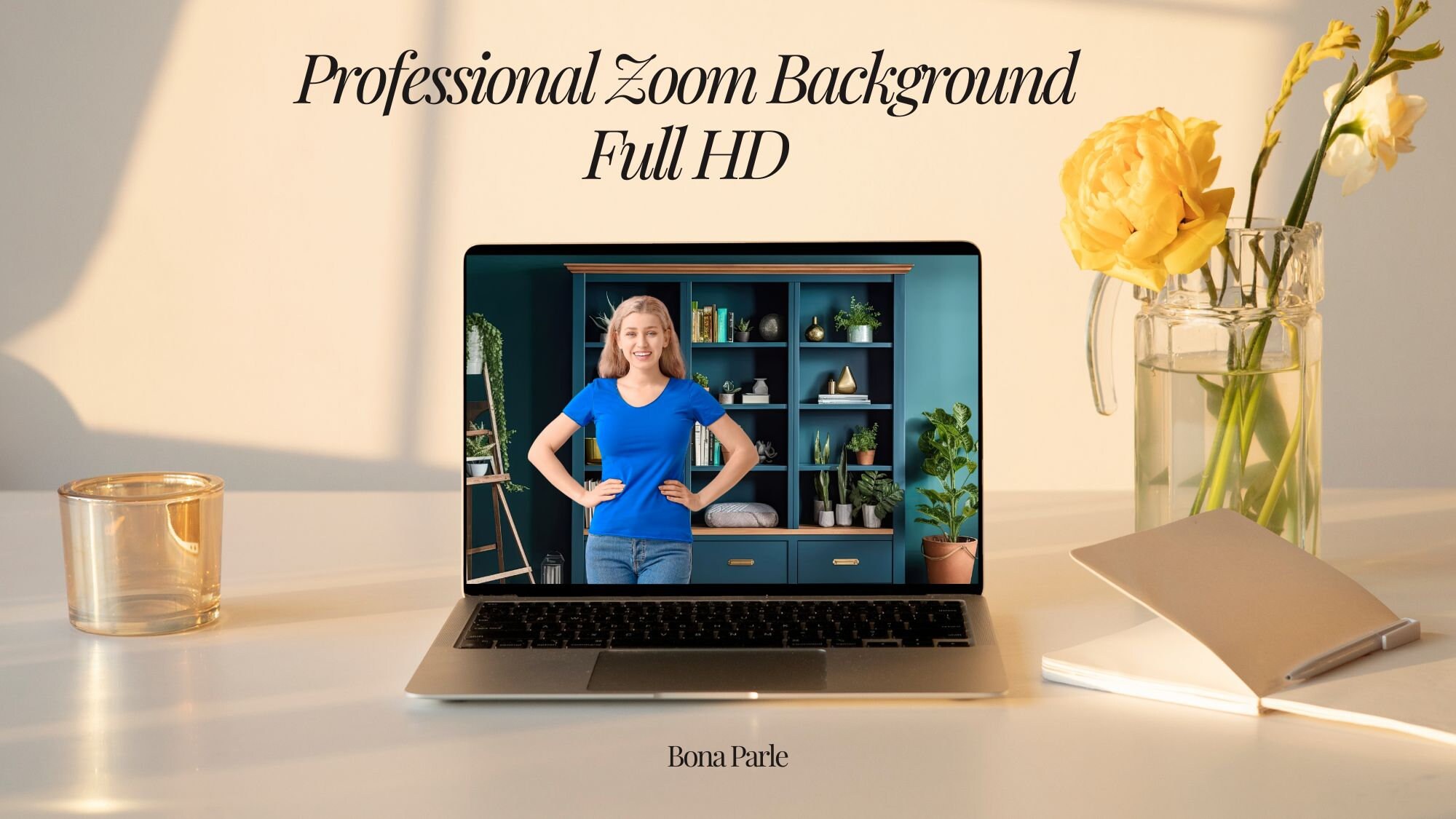 Teal and Walnut Zoom Background With Shelves Plants Zoom Virtual ...