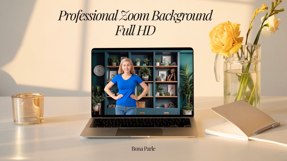 Teal and Walnut Zoom Background With Shelves and Plants, Zoom Virtual ...