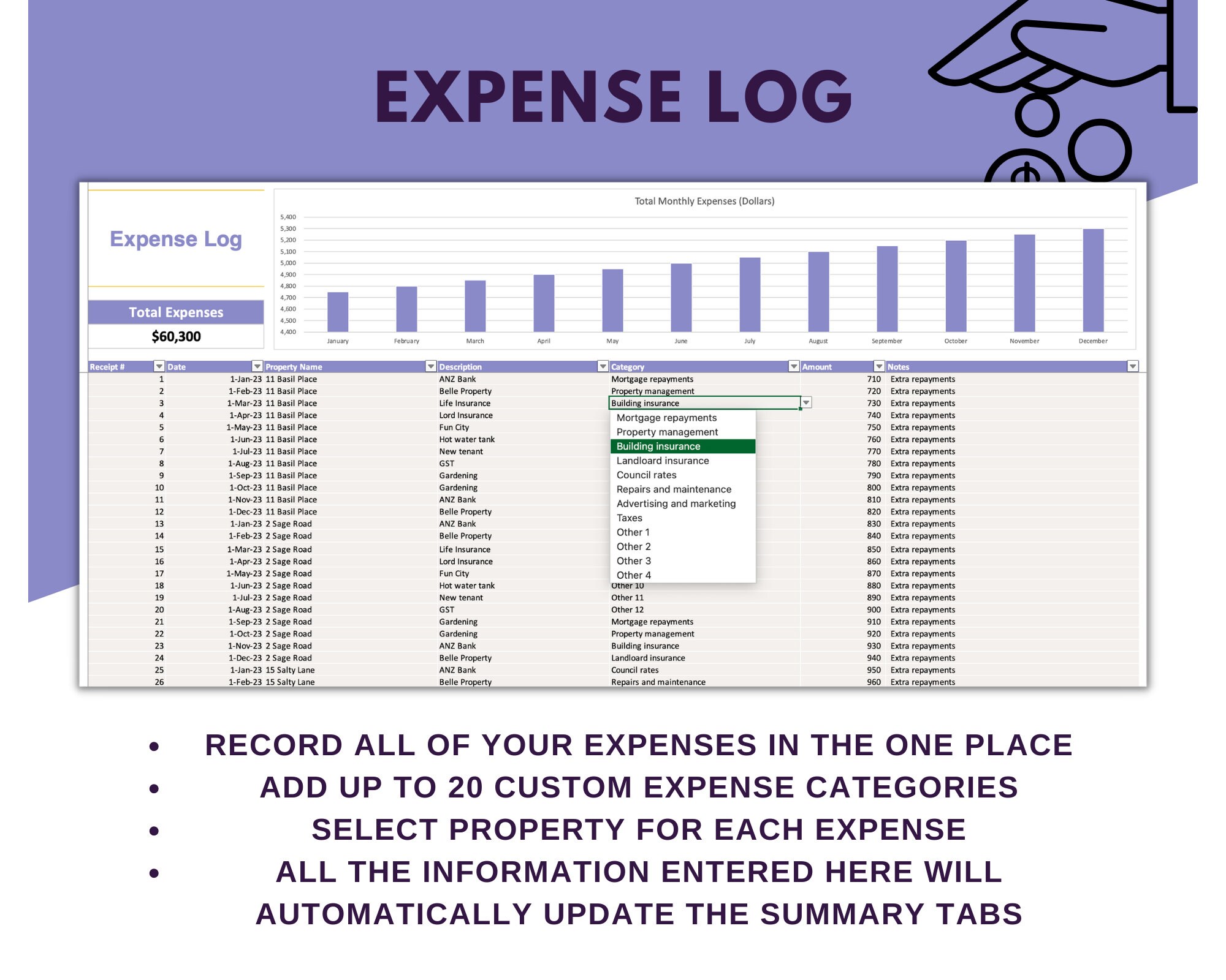 Multiple Property Income and Expense Log Expense Tracker Income Tracker ...