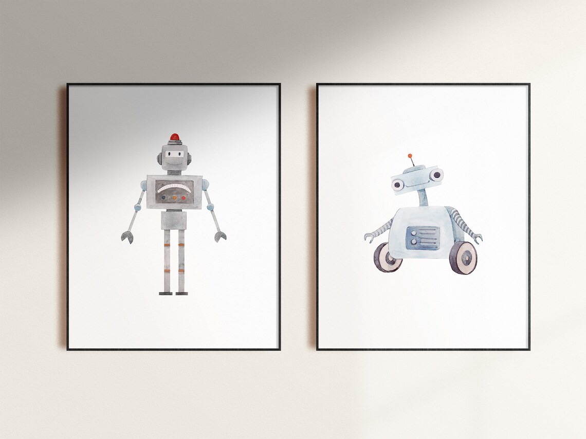 Robots Nursery Wall Decor, Watercolour Robots Playroom Decor, Nursery ...