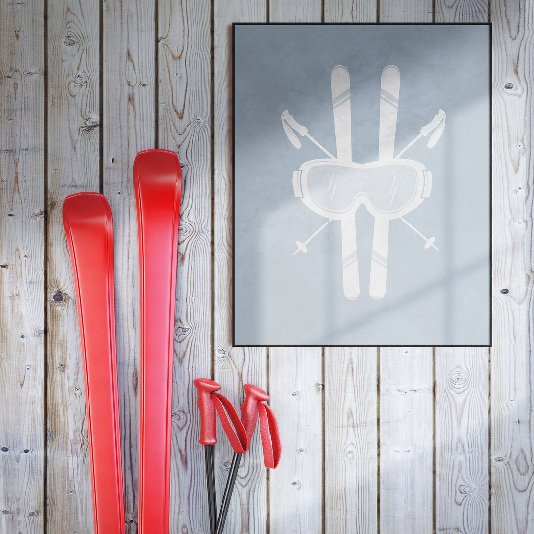 Skiing Printable Poster, Minimalist Ski Print, Vintage Ski Poles and ...