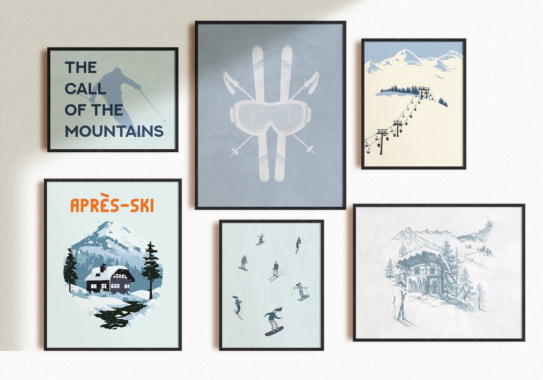 Ski Prints Set, Digital Printable Set, Ski Chalet, Set of 6, Winter ...