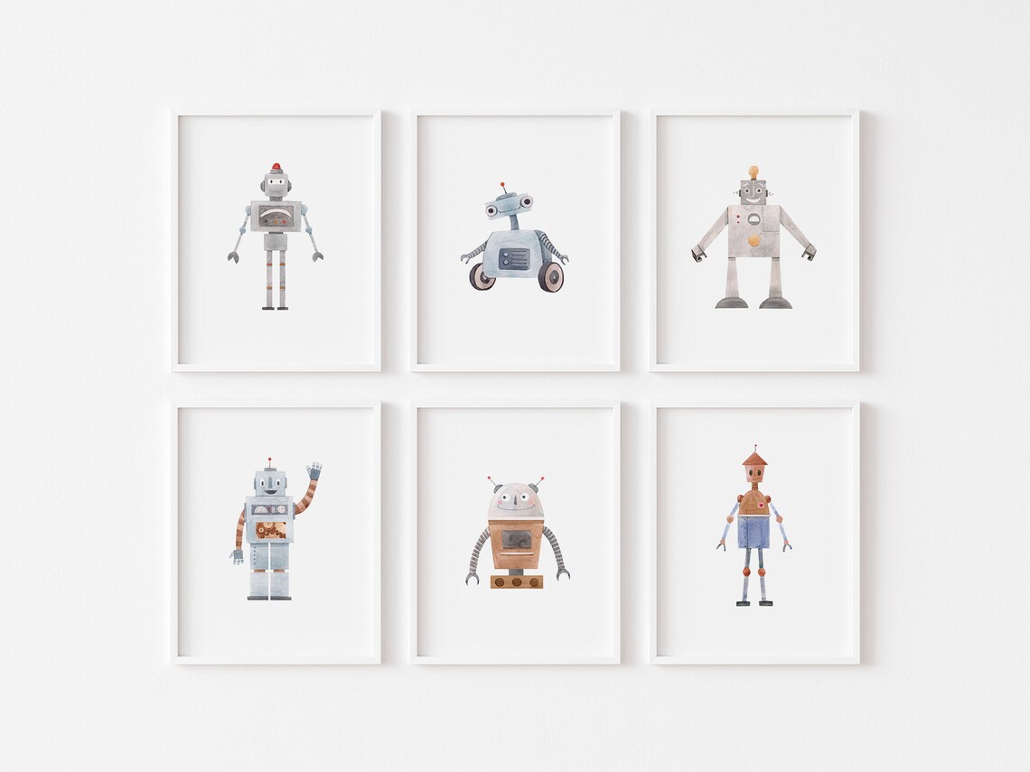 Robots Nursery Wall Decor, Watercolour Robots Playroom Decor, Nursery ...