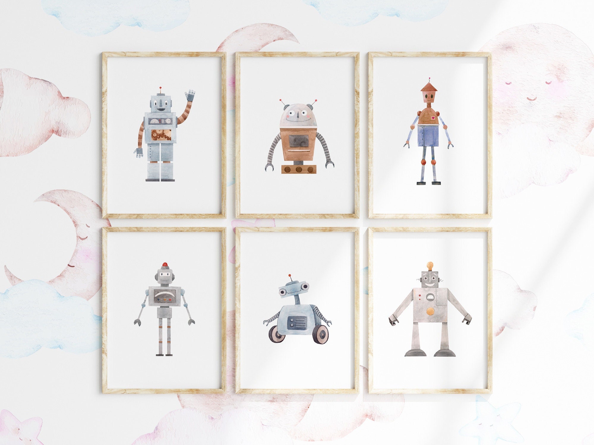 Robots Nursery Wall Decor, Watercolour Robots Playroom Decor, Nursery ...