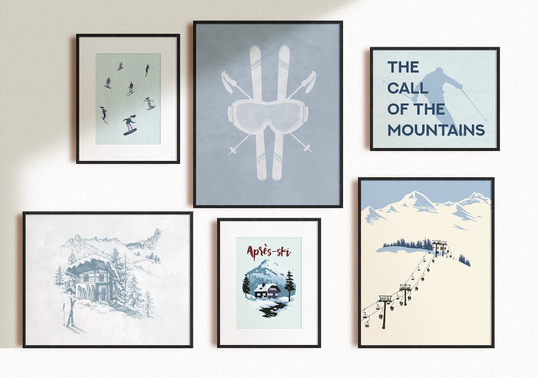 Ski Prints Set, Digital Printable Set, Ski Chalet, Set of 6, Winter ...
