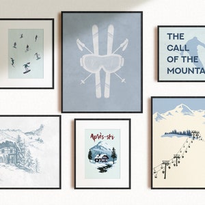 Ski Prints Set, Digital Printable Set, Ski Chalet, Set of 6, Winter ...