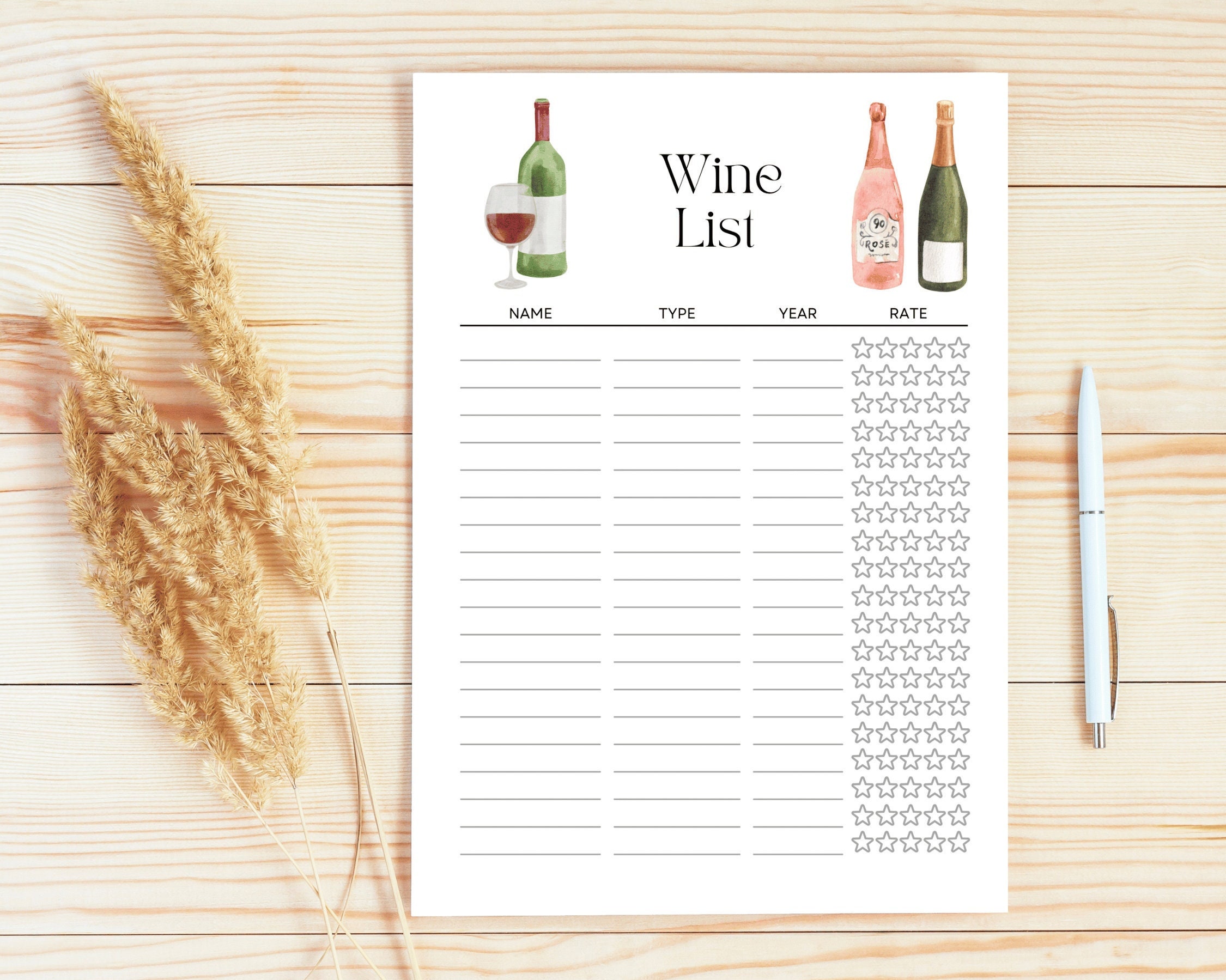 Printable Wine List, Wine Journal, Wine Tracker A4/ A5/ Letter Sizes ...