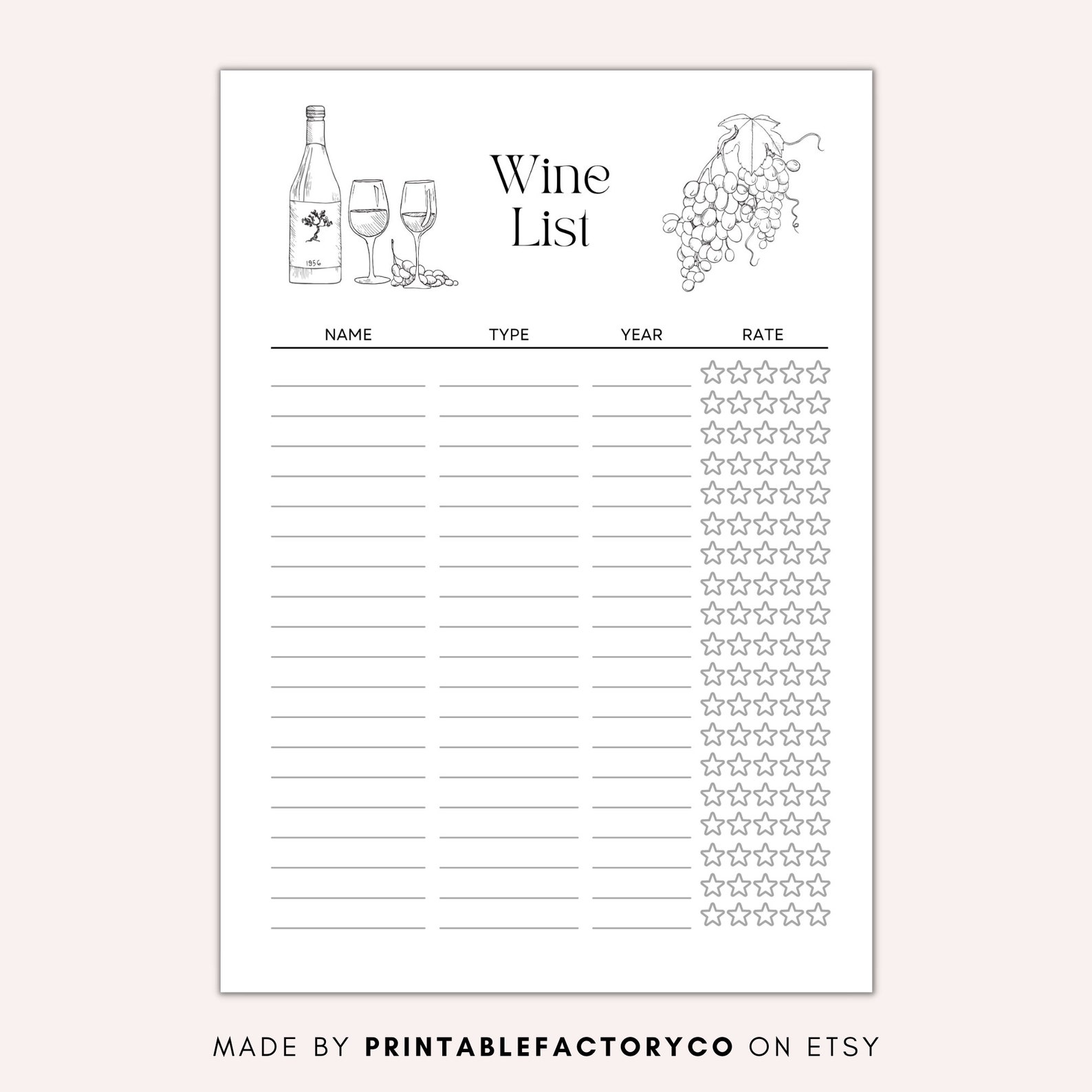 Printable Wine List, Wine Journal, Wine Tracker A4/ A5/ Letter Sizes ...