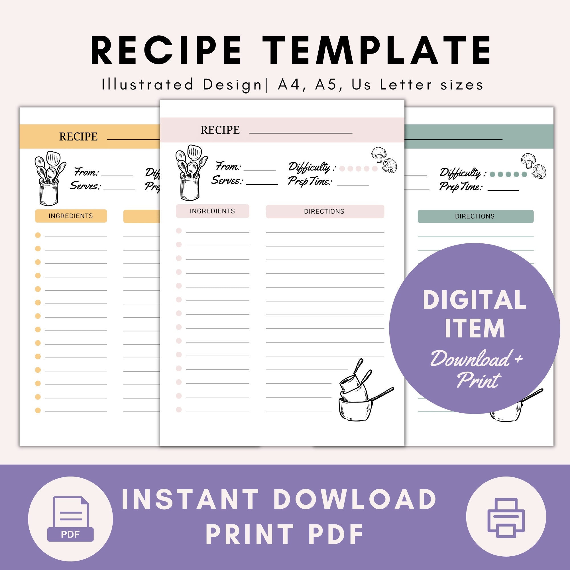 Printable Recipe Template, Recipe Card, Recipe Sheet, Instant Download ...