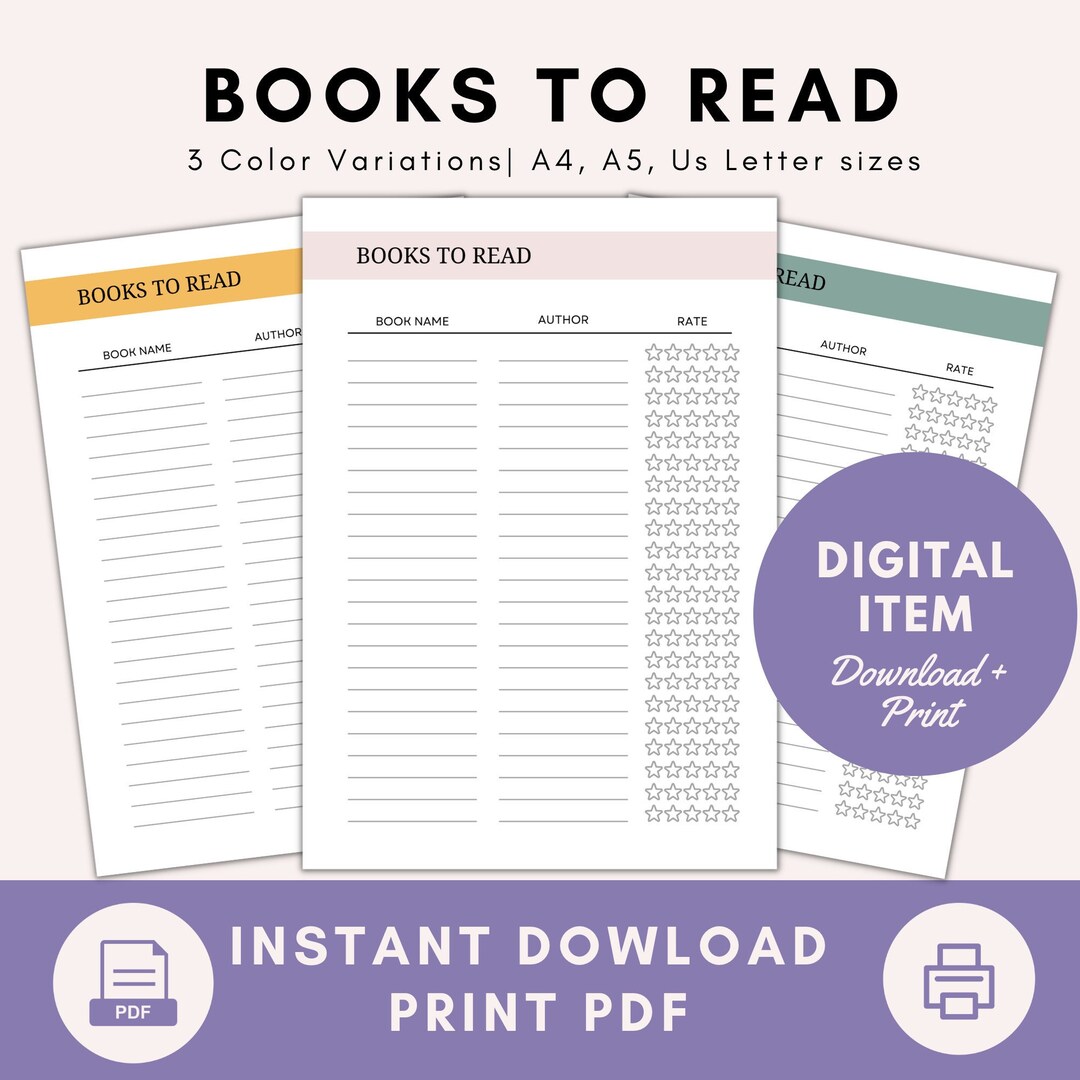 Books to Read List Page, Printable PDF, A4/A5/ Us Letter Size, Instant ...