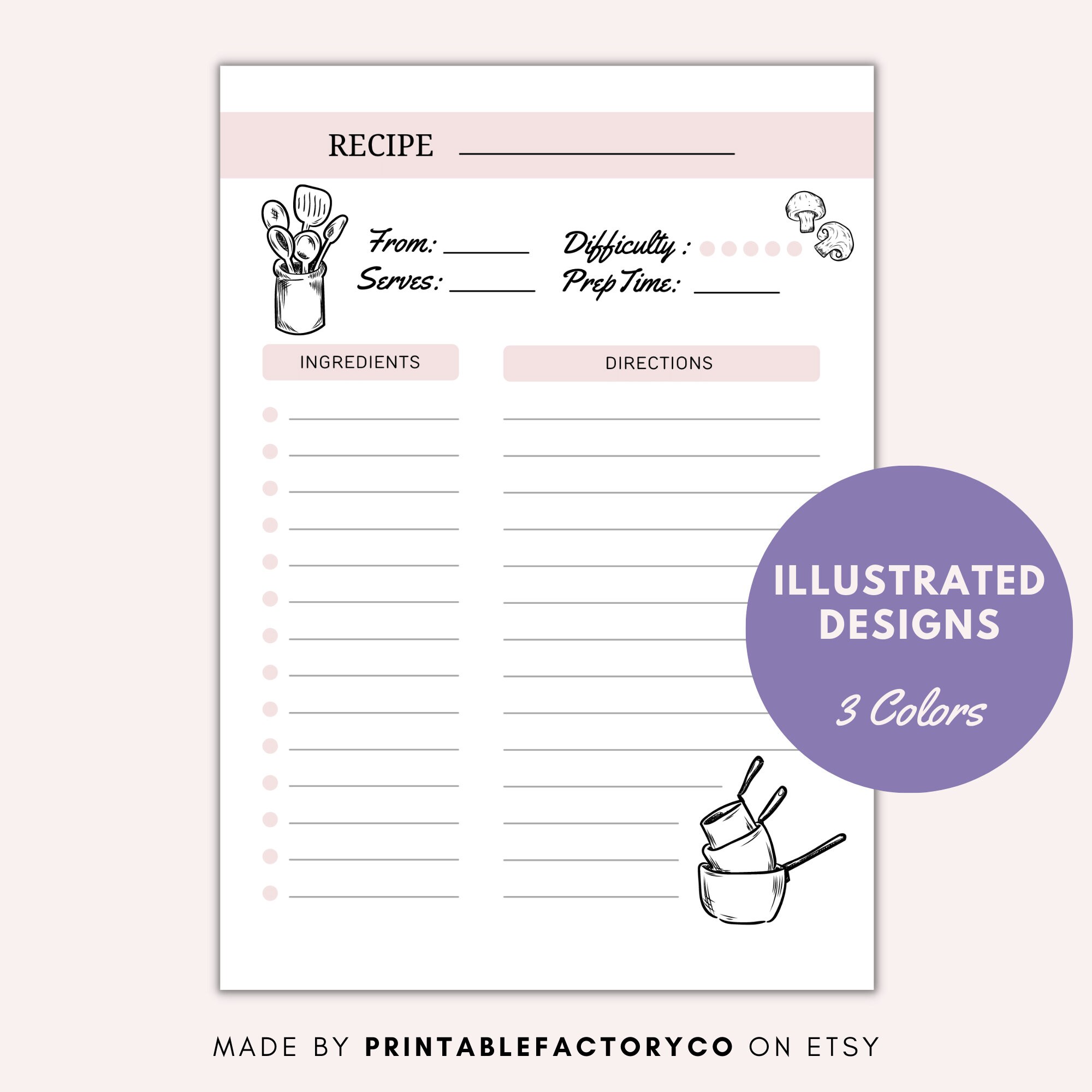 Printable Recipe Template, Recipe Card, Recipe Sheet, Instant Download ...