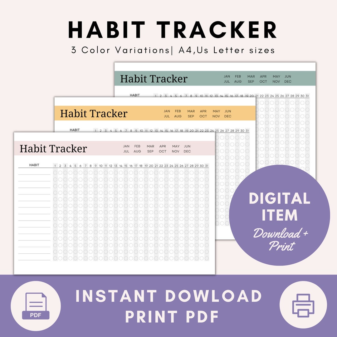 Monthly Habit Tracker, Landscape A4 and Letter Size, Instant Download ...