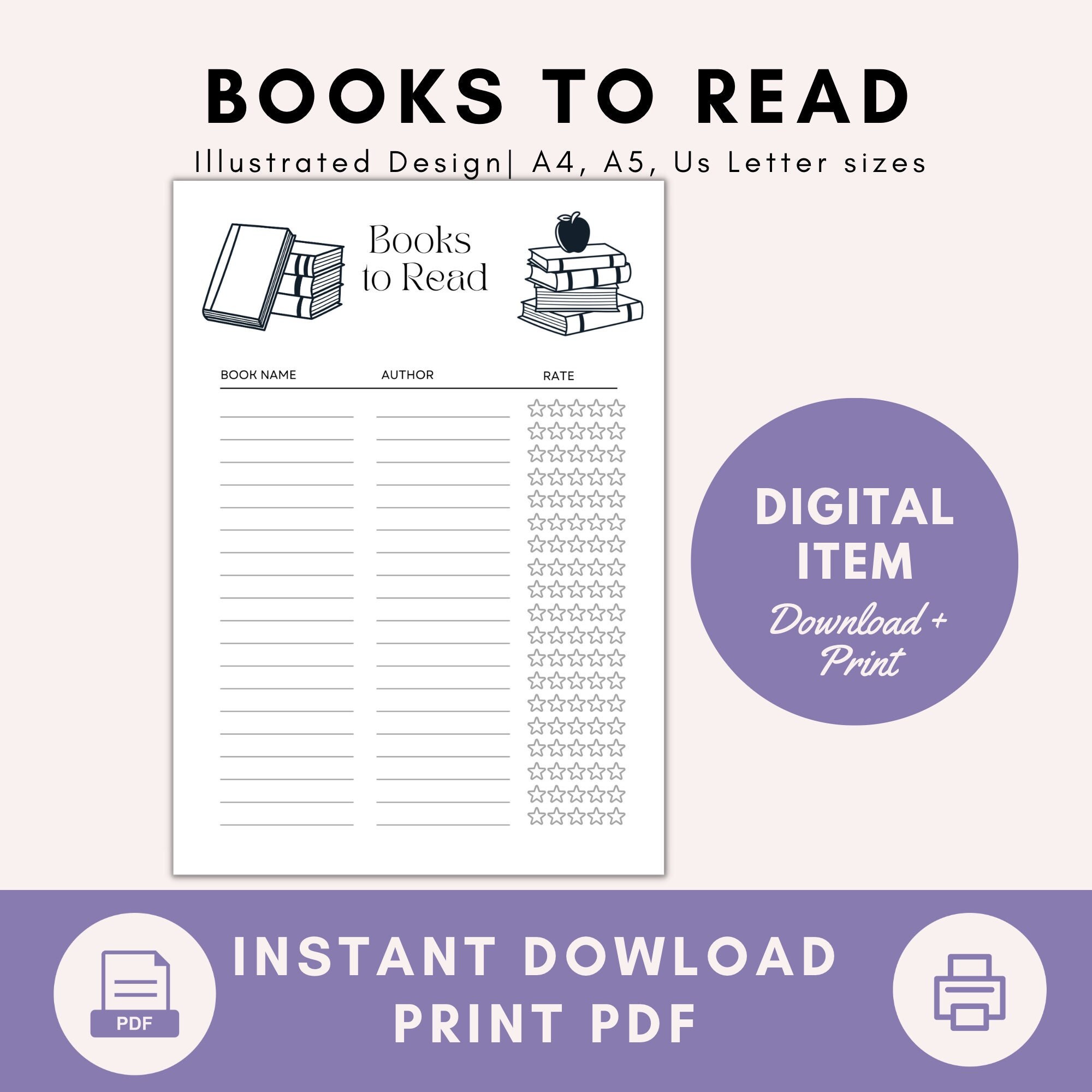 Illustrated Books to Read List Page, Printable PDF, A4/A5/ Us Letter ...