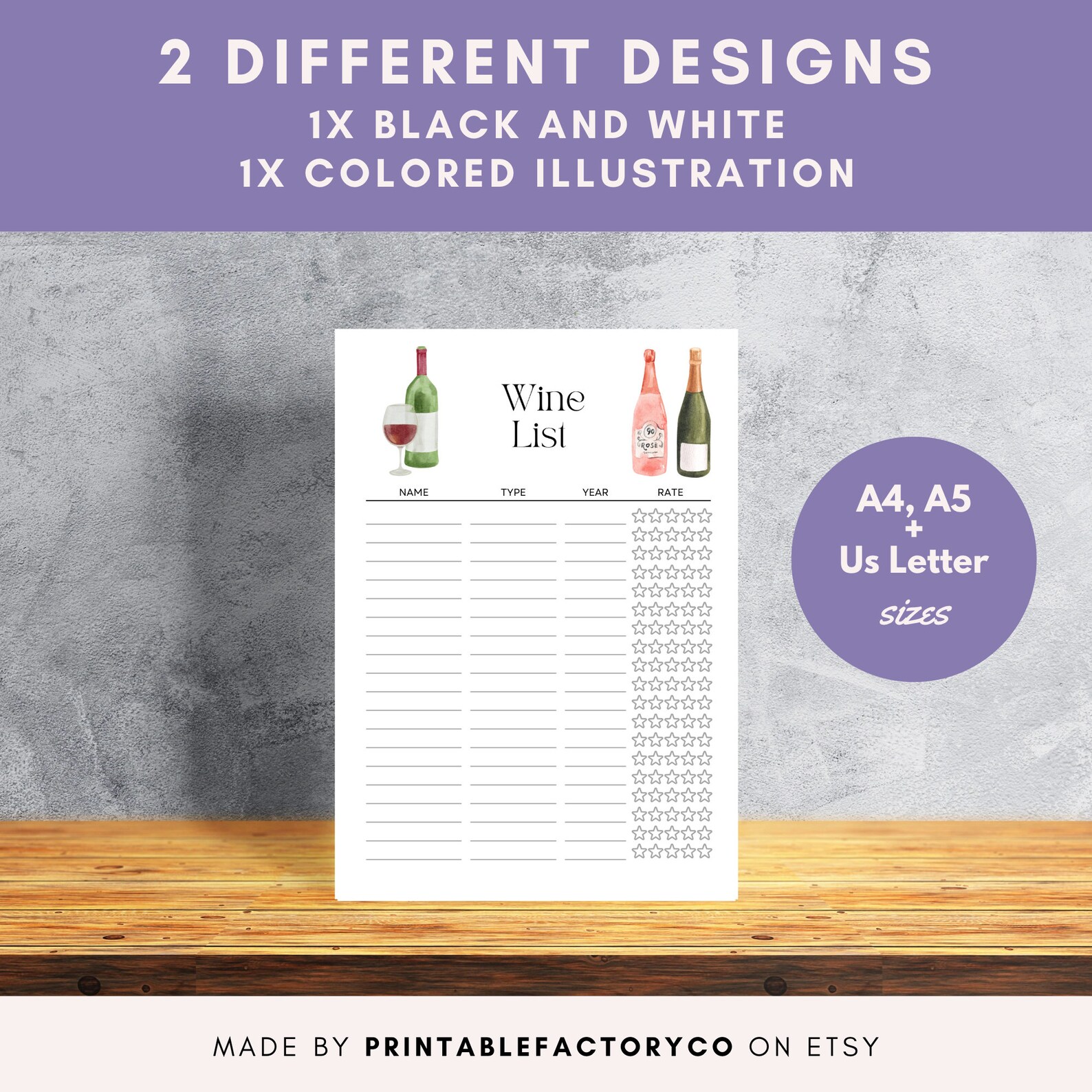Printable Wine List, Wine Journal, Wine Tracker A4/ A5/ Letter Sizes ...
