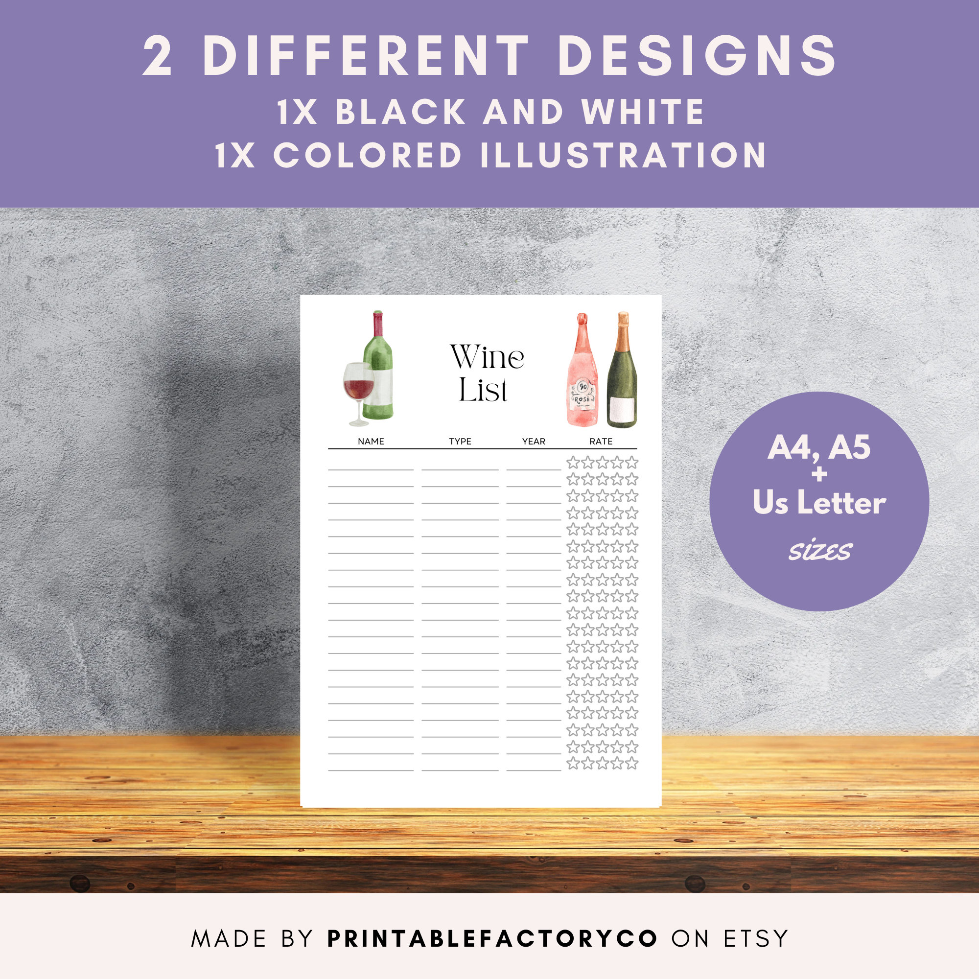 Printable Wine List, Wine Journal, Wine Tracker A4/ A5/ Letter Sizes ...
