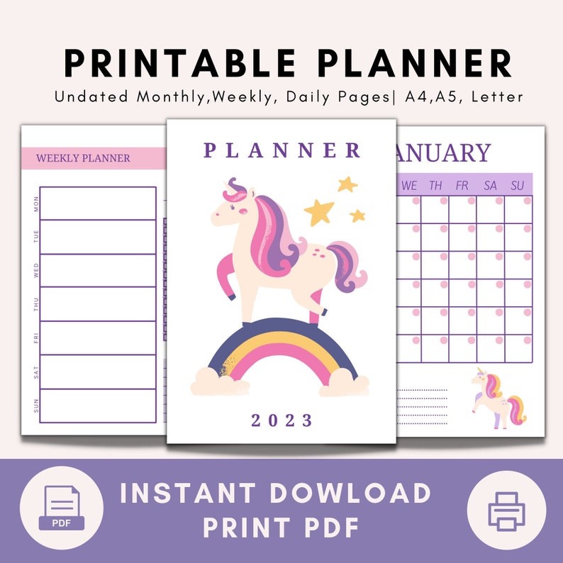 Unicorn Planner, 2023 Calendar Page, Daily/ Weekly/monthly Planning ...