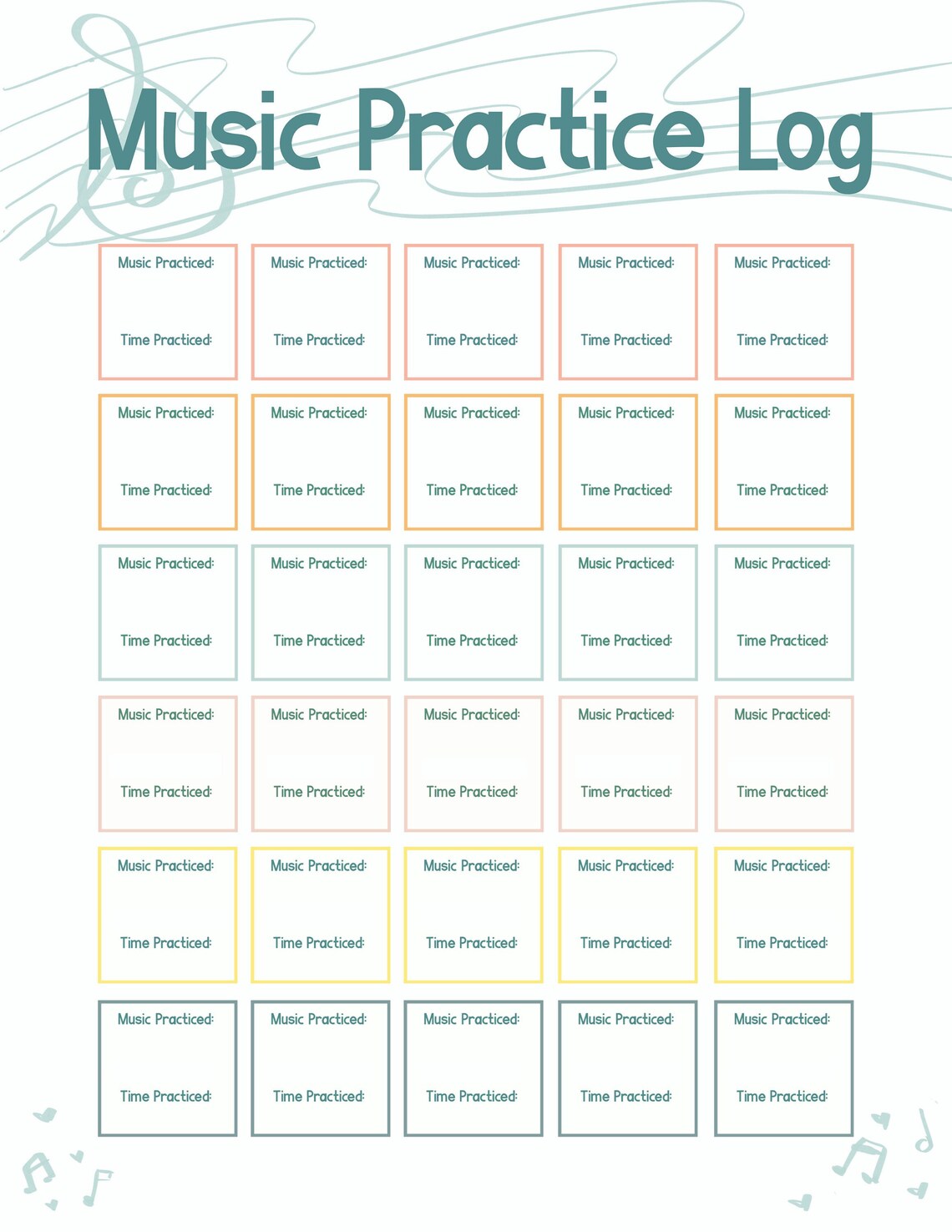 Music Practice Log Piano Practice Chart, Violin Practice Chart, Guitar ...
