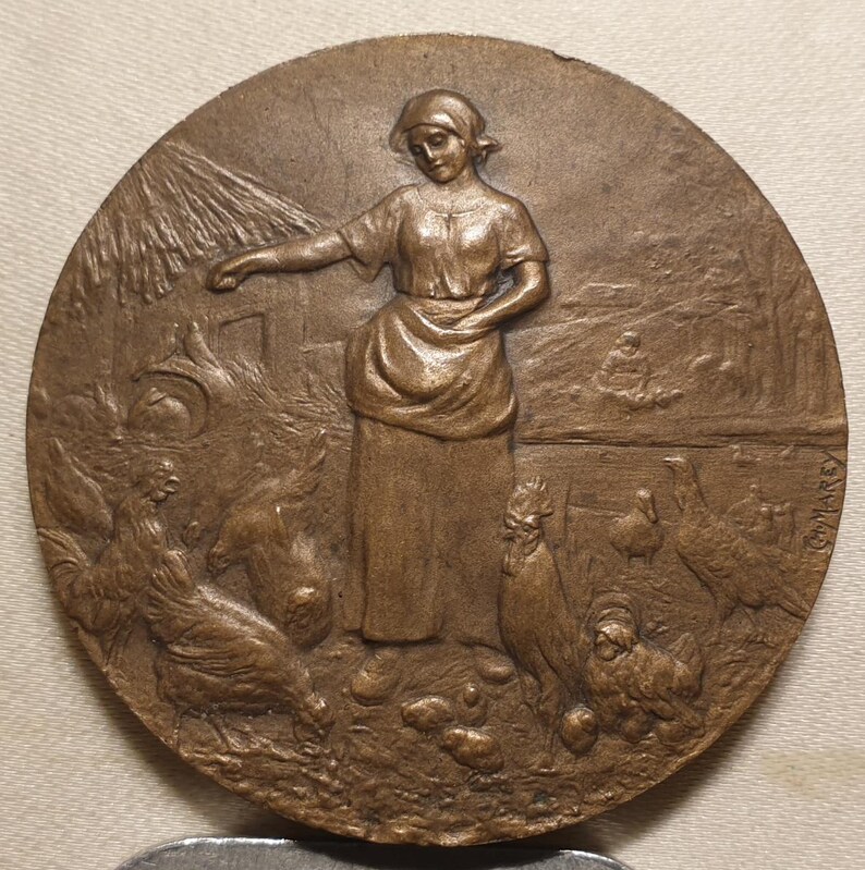 Woman Feeding Farm Animals 41mm French by Marey Art Medal Award Poultry ...