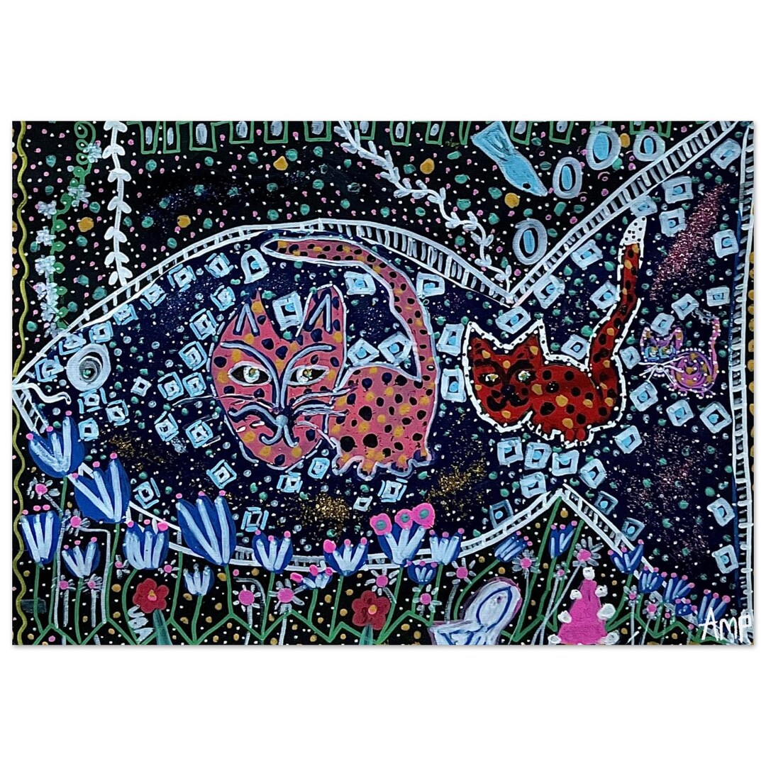 Cat Fish Print Whimsical Pattern Colorful Wall Art Autistic Artist - Etsy