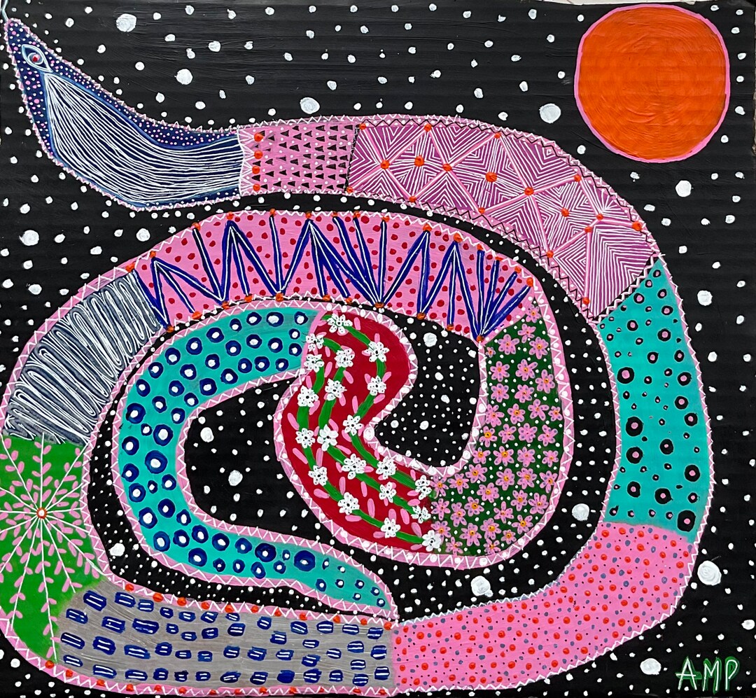 Colorful Snake Art: Acrylic Painting on Recycled Cardboard (36x39.5 Cm ...