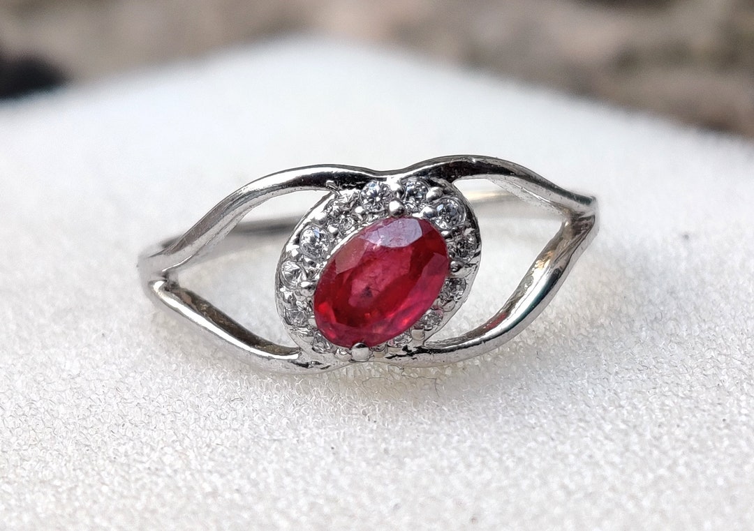 Natural Oval Red Ruby Engagement Ring With Cz Diamond, Vintage Solid 925 Sterline Silver Cluster ...