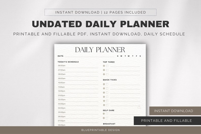 Undated Daily Planner, Printable and Fillable PDF, Instant Download ...