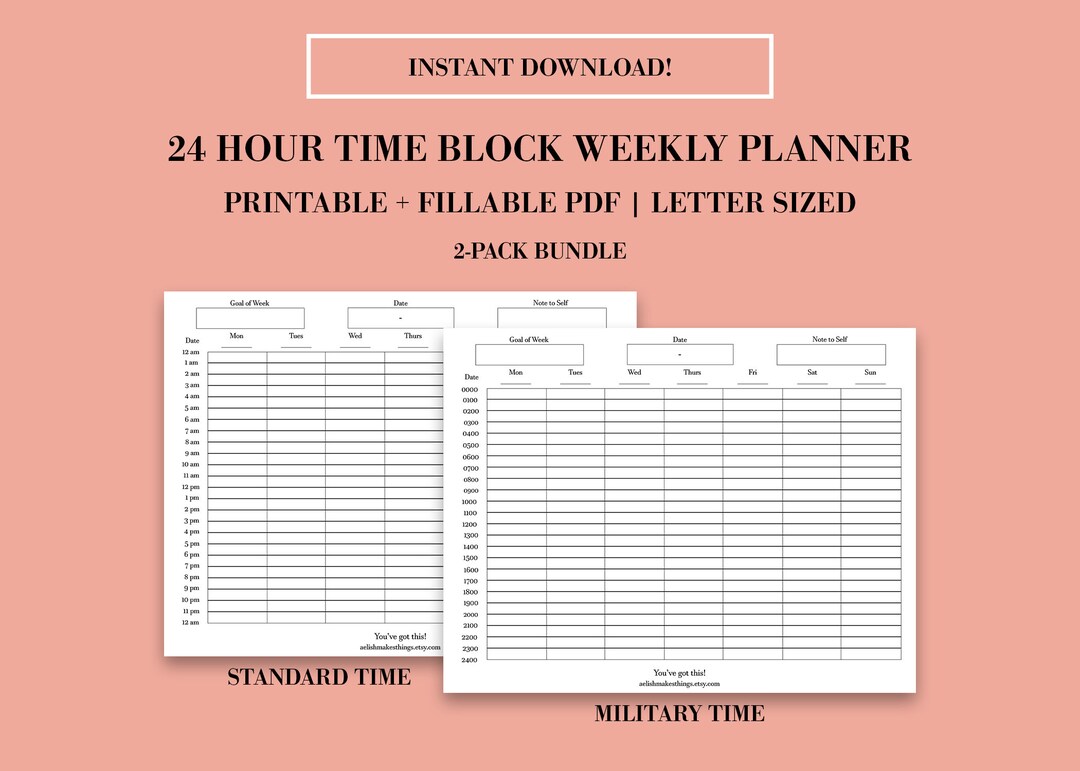 Time Blocking Planners Printable PDF | 24 Hour Weekly Time Blocker ...