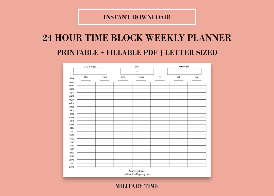 Military Time Blocking Weekly Planner: Printable 24-hour Schedule (PDF ...