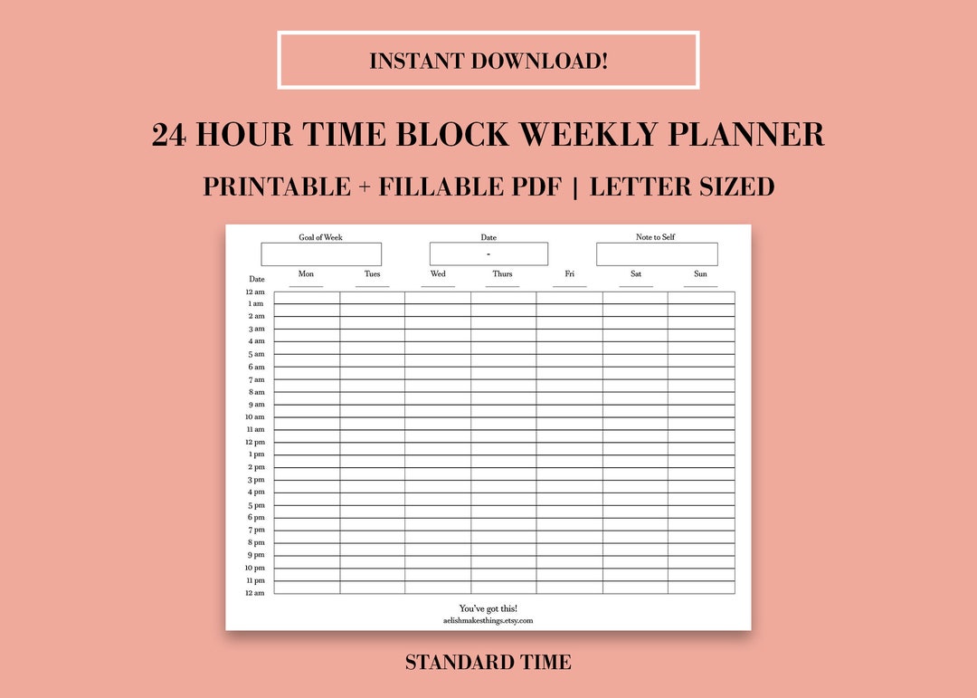 Time Blocking Planner PDF | Printable Weekly Schedule | 24 Hour Time ...