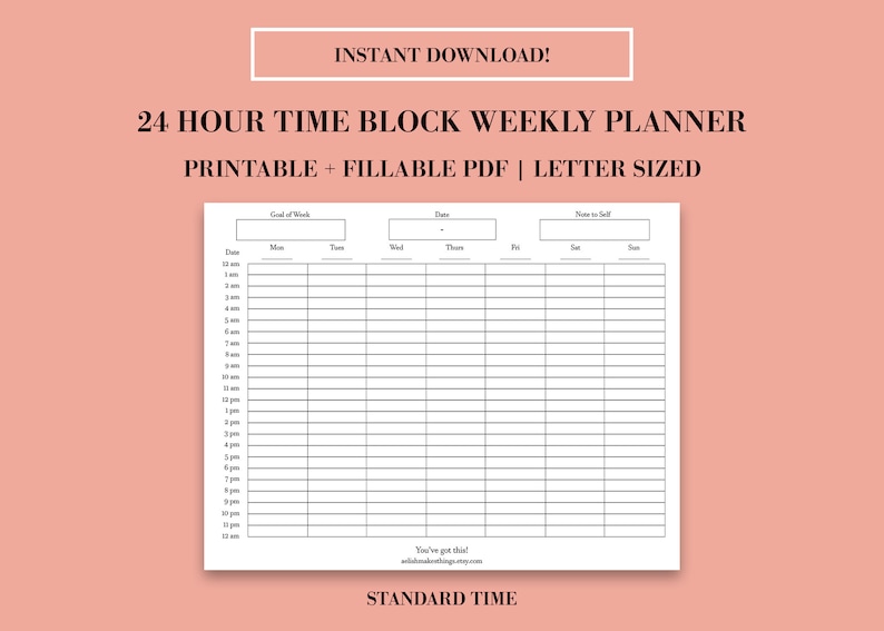 Time Blocking Planner PDF | Printable Weekly Schedule | 24 Hour Time ...