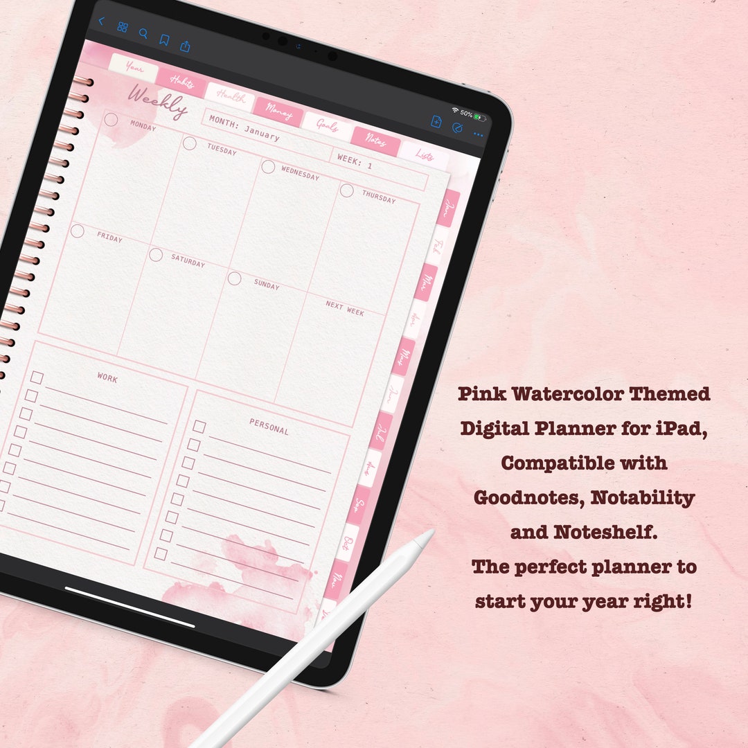 Pink Watercolor Undated Digital Planner With Hyperlinks for Ipad ...