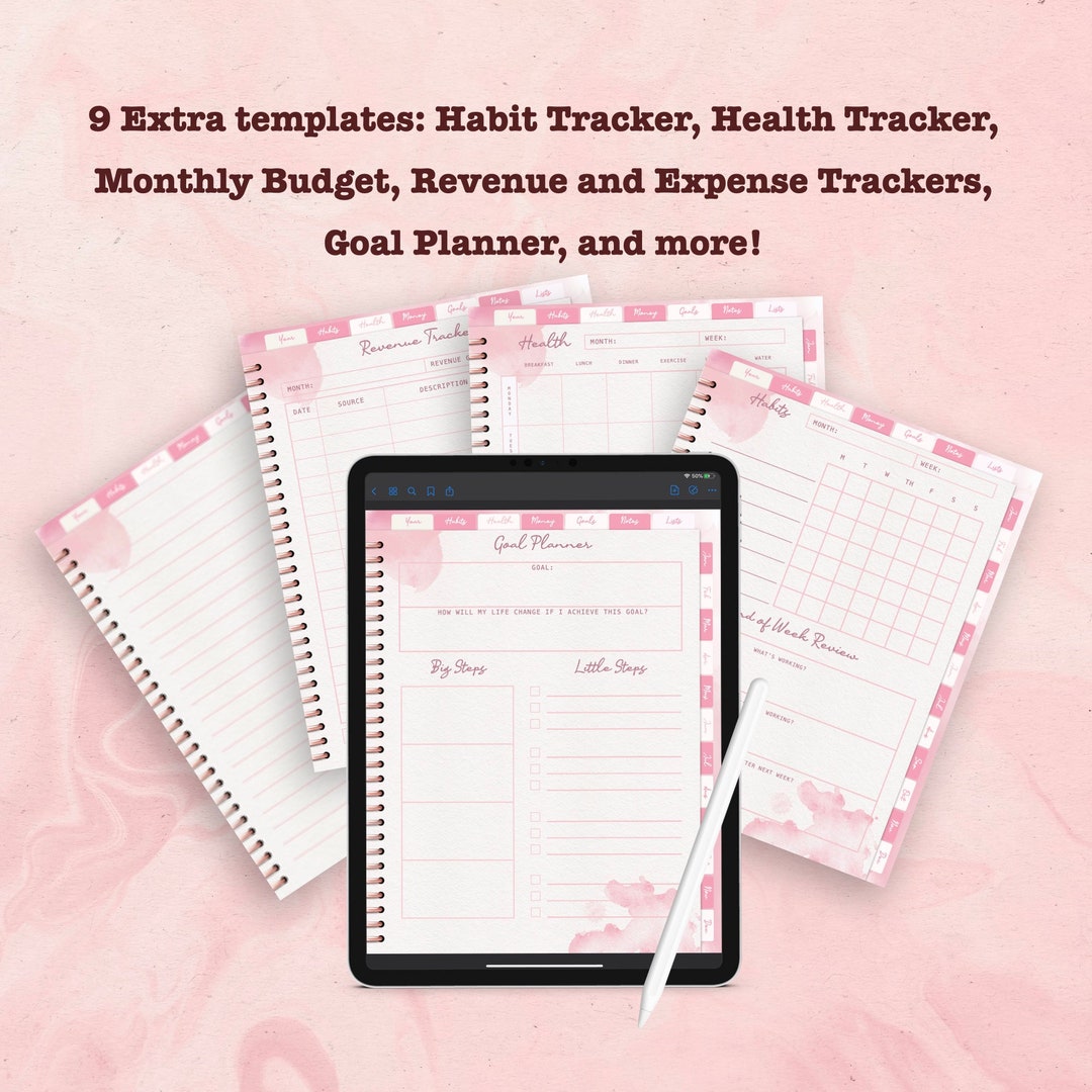 Pink Watercolor Undated Digital Planner With Hyperlinks for Ipad ...