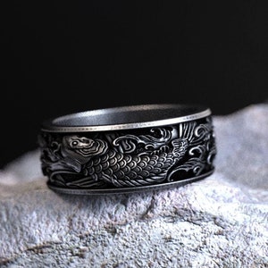 Carp and Waves With One Koi Fish 925 Silver Nature Ring, Sterling ...