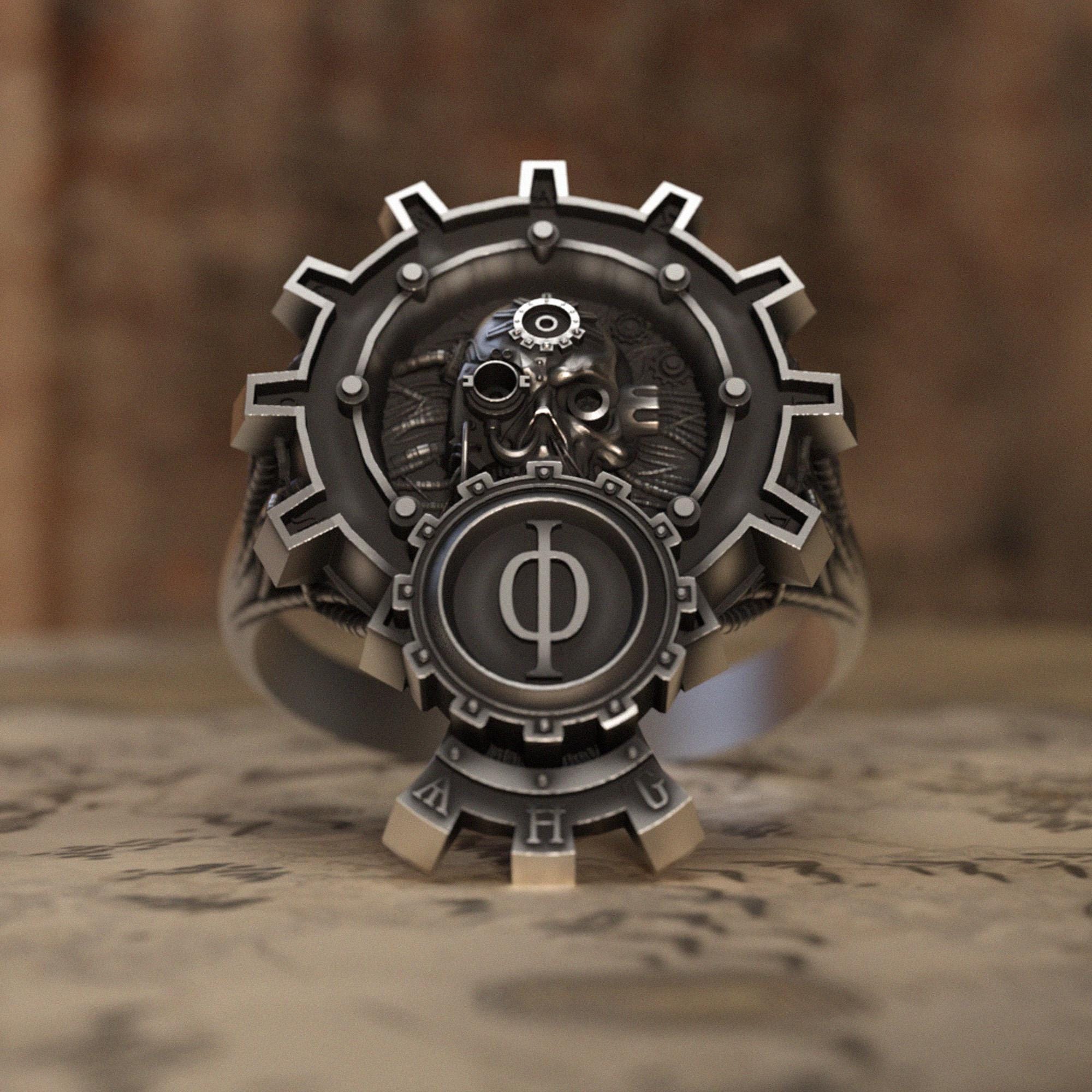 Adeptus Mechanicus Ring, 3D Chunky Ring, 925 Sterling Silver Biker Ring ...