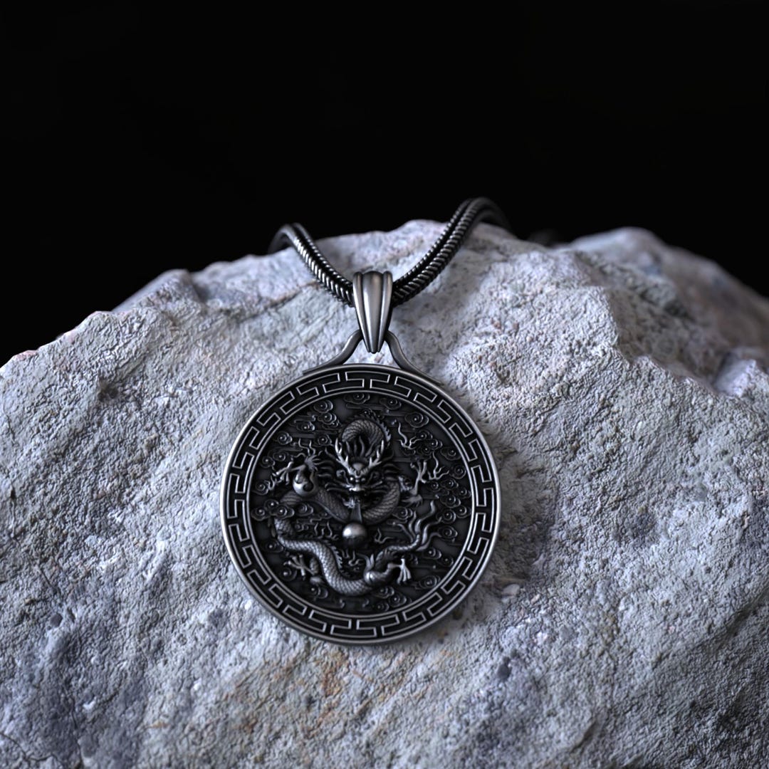 Antique Chinese Dragon Medallion Necklace 925 Sterling Silver ...