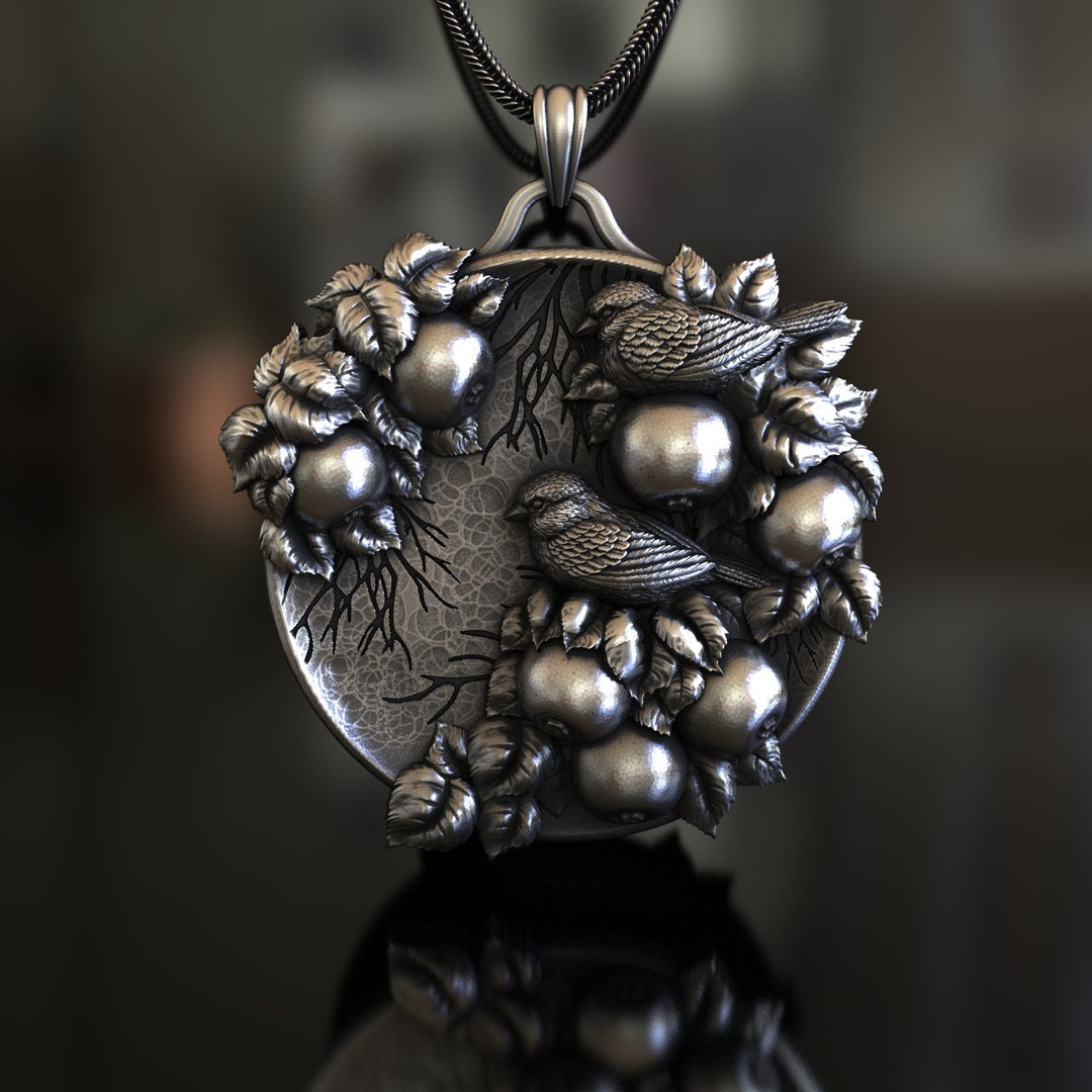 Sparrows on Shield Necklace 925 Sterling Silver Dual Apples Design ...